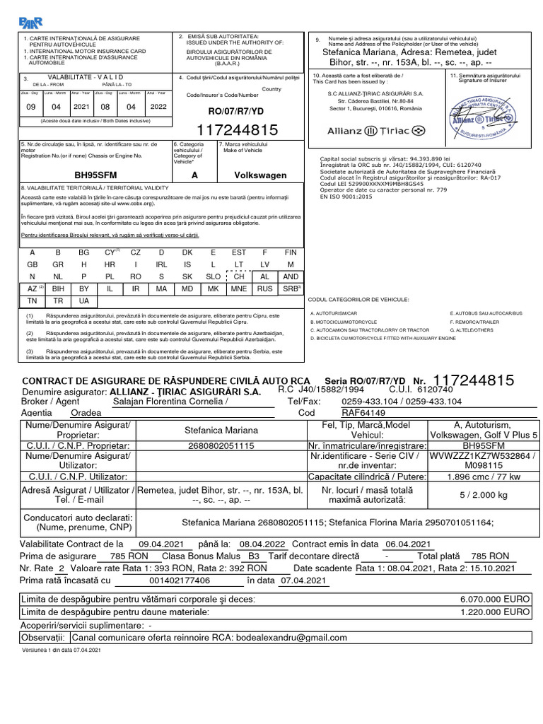 MyCar 117244815 Stefanica Mariana 12 Luni 2 Rate | PDF | Vehicles | Motor Vehicle