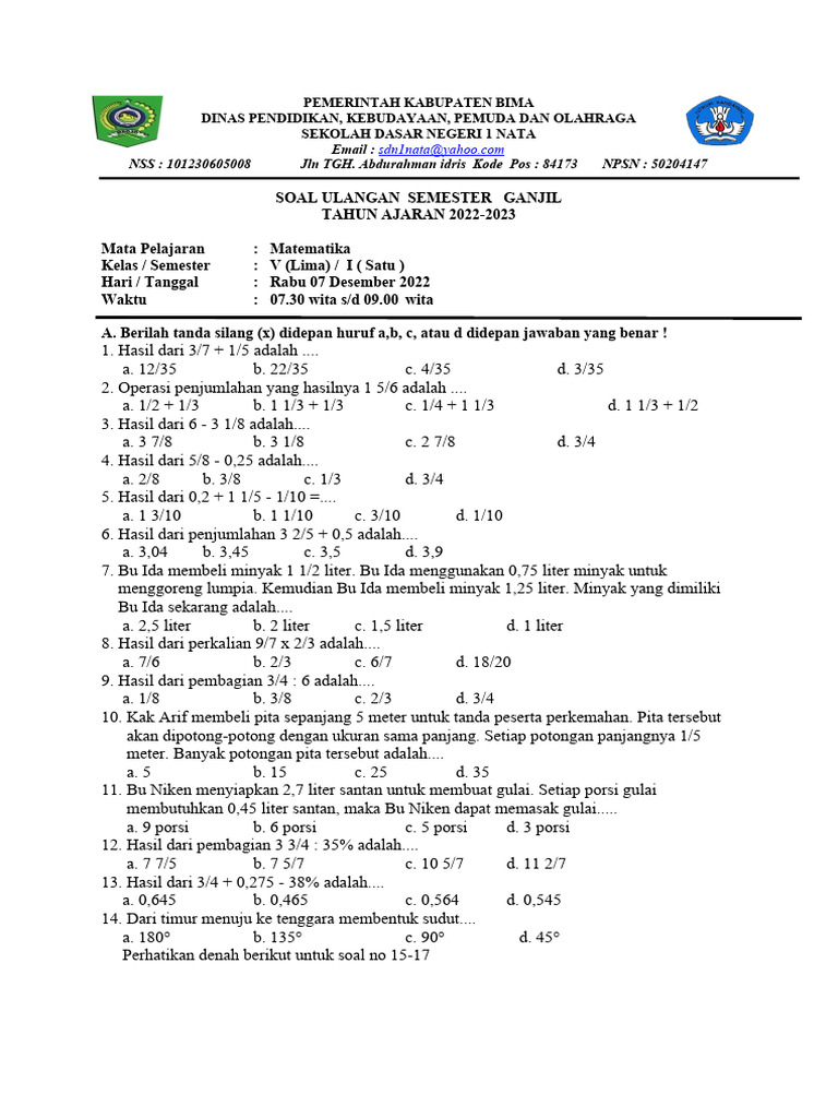 Soal UAS PAS Matematika Kelas 5 SD Semester 1 2021 | PDF