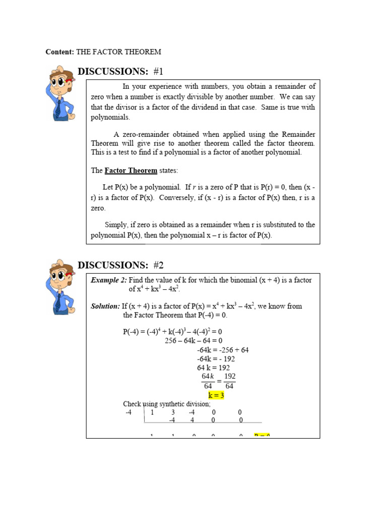 Remainder Theorem | PDF | Factorization | Zero Of A Function