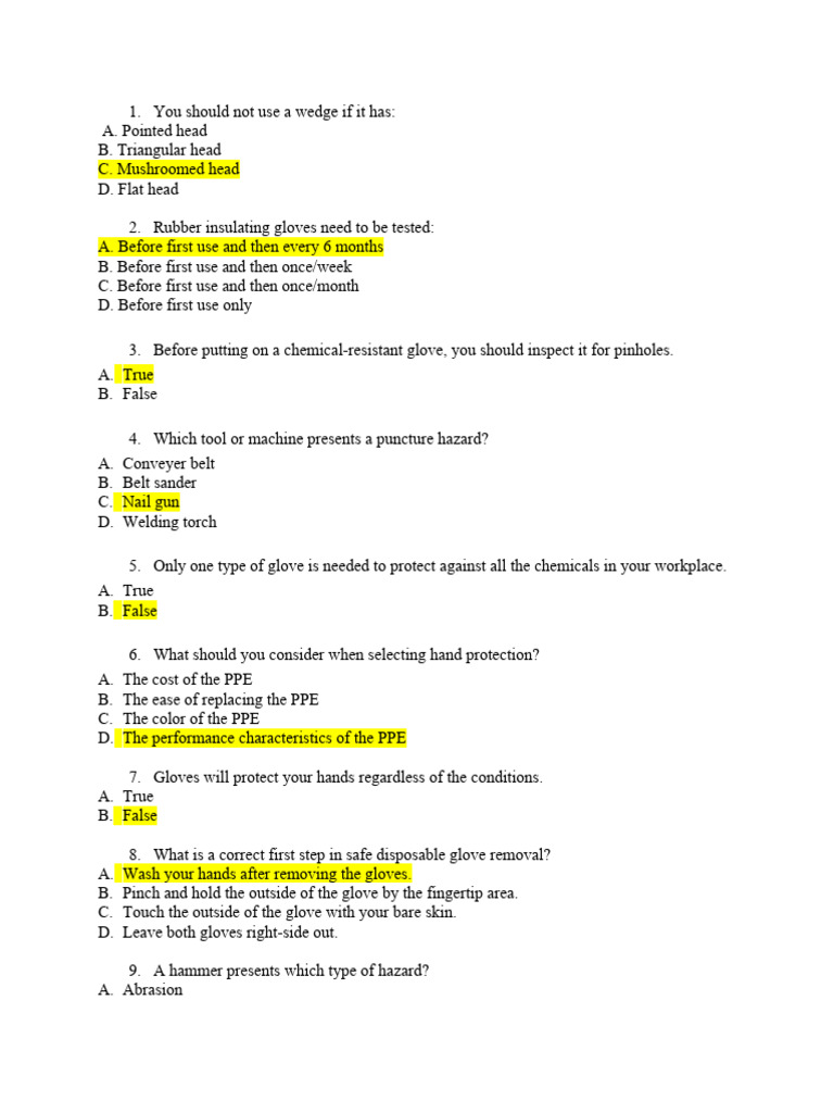 Quiz Questions | PDF | Glove | Personal Protective Equipment