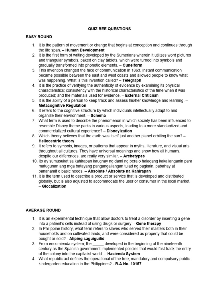 Quiz Bee Questions | PDF | Communication | Human