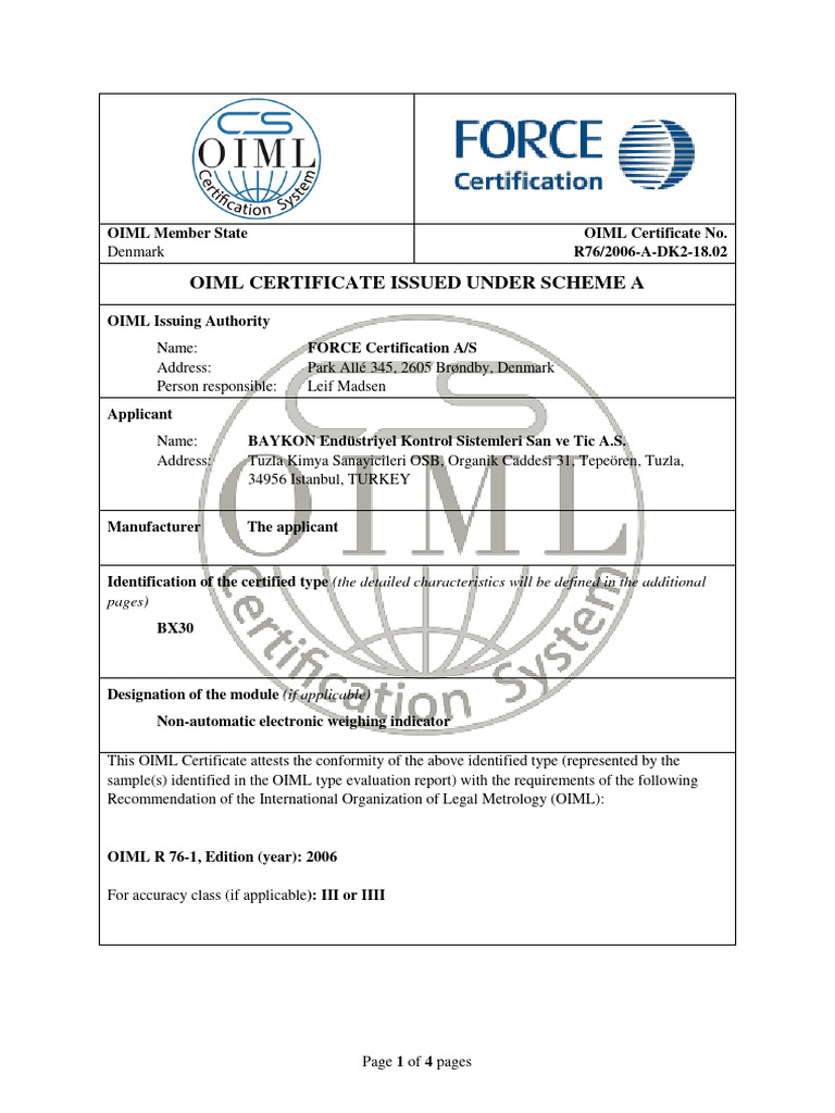OIML Certificate for BX30 Weighing Indicator | PDF | Electrical ...