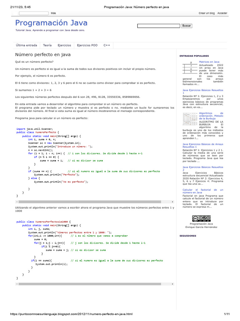 Programación Java - Número Perfecto en Java | PDF | Java (lenguaje de programación) | Ciencias ...