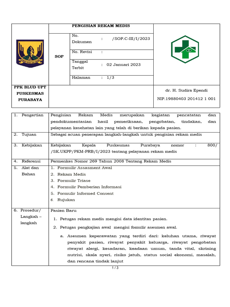 Sop Pengisian Rekam Medis | PDF | Kesehatan Holistik | Sains & Matematika