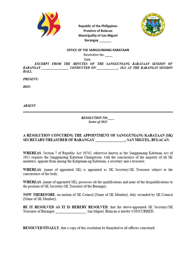 Sample Resolution For SK Secretary Treasurer | PDF | Government ...