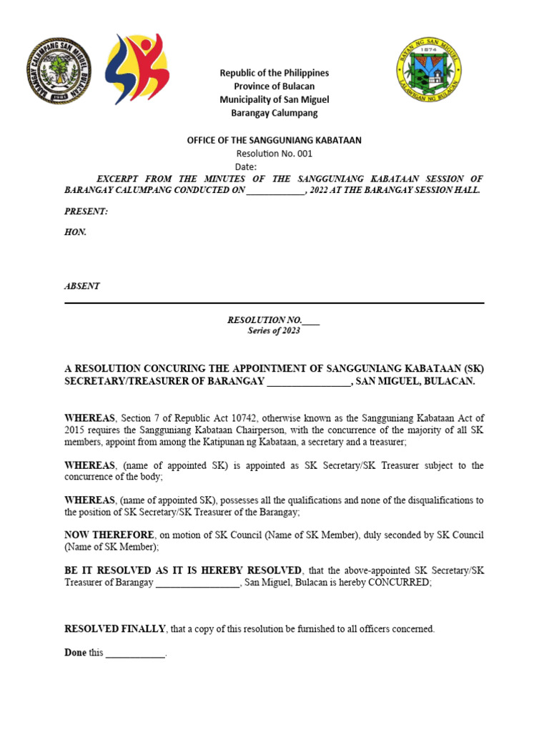 Sample Resolution For SK Secretary Treasurer | PDF | Government ...