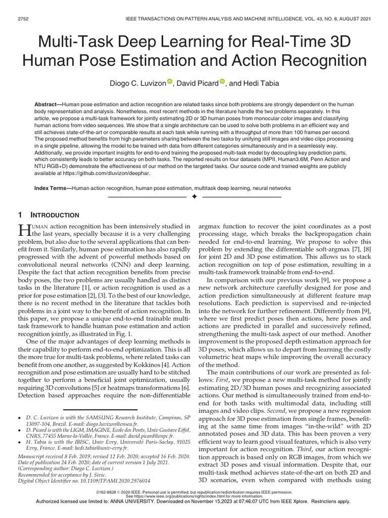 Multi Task Deep Learning For Real Time 3d Human Pose Estimation And Action Recognition Pdf