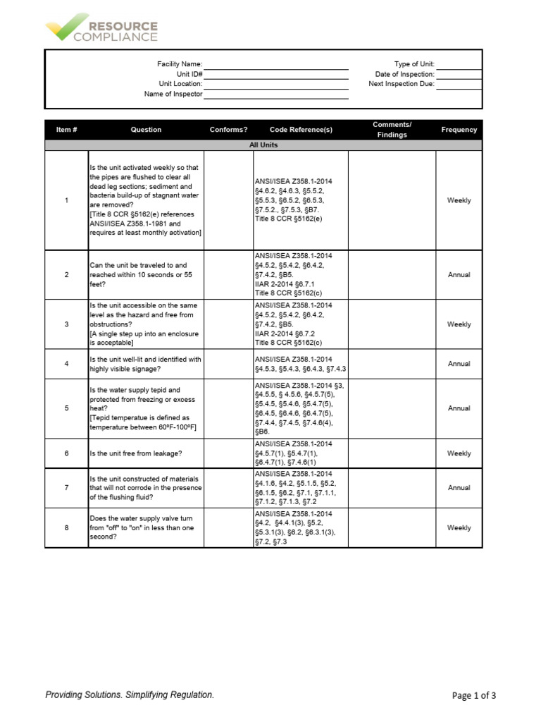 Emergency Shower and Eyewash Inspection Checklist | PDF | Shower ...