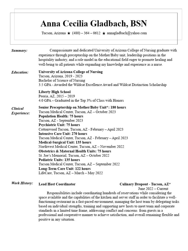 Nursing Graduate Resume - Anna Gladbach | PDF | Nursing | Hospital