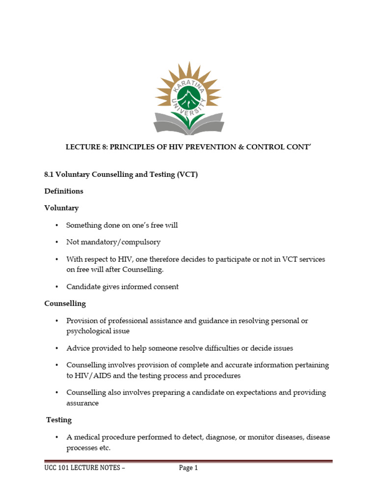 LECTURE 8 - Principles of HIV Prevention Control Cont. - Voluntary ... LECTURE 8 - Principles of HIV Prevention Control Cont. - Voluntary ...