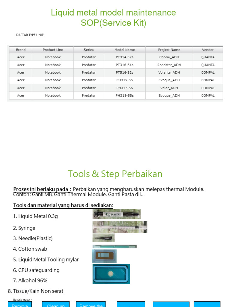 Liquid Metal Model Maintenance SOP (Service Kit) - Indonesia | PDF