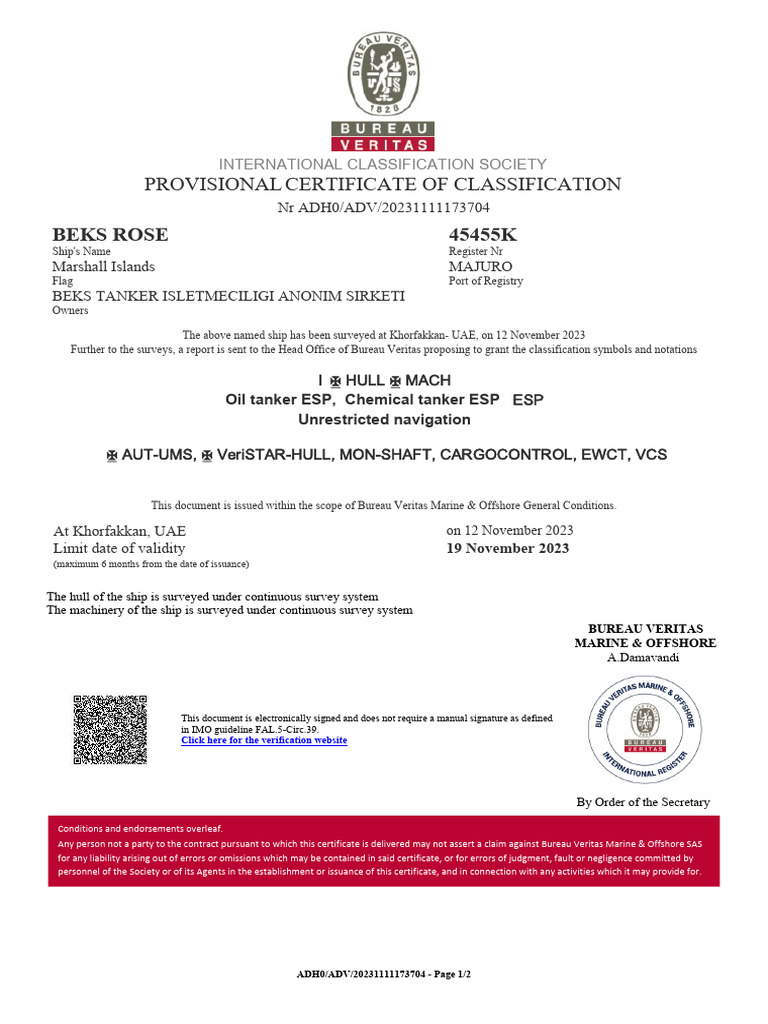 Provisional Classification Certificate: BEKS ROSE | PDF | Common Law ...