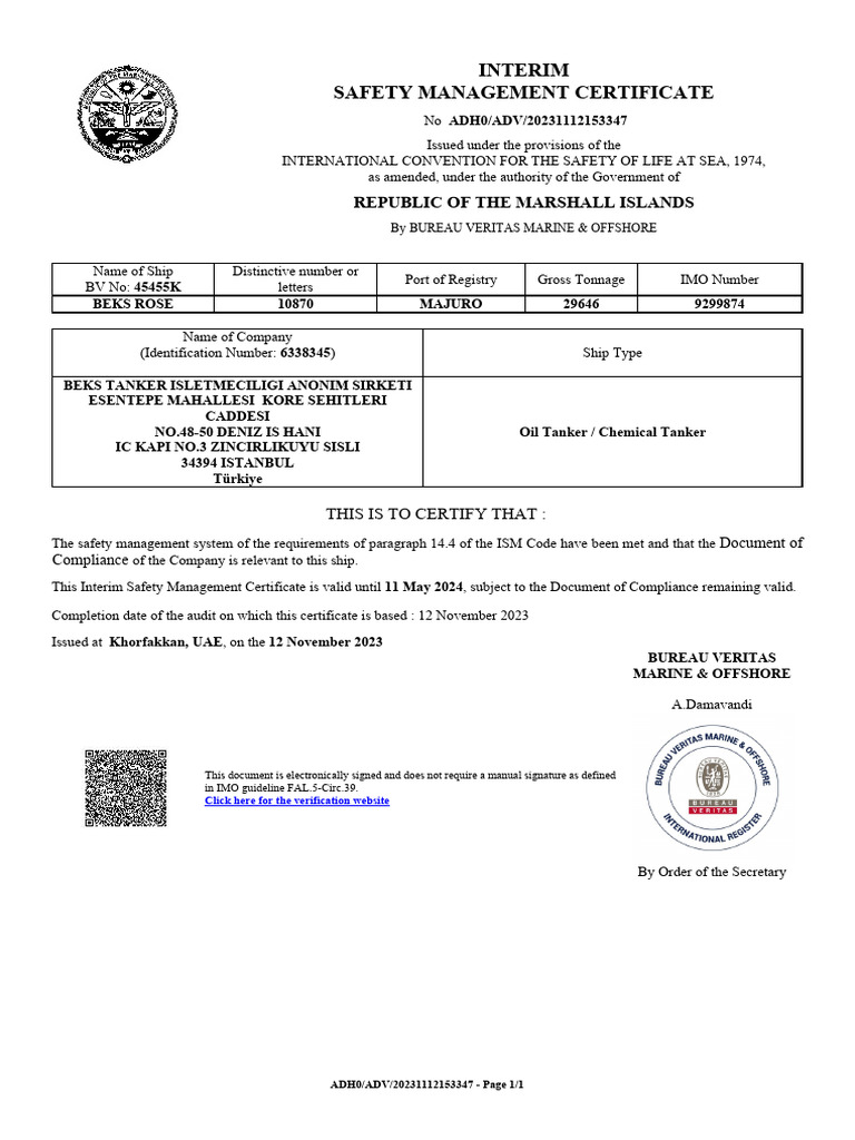Interim Safety Certificate for BEKS Tanker | PDF | Ships | Water Transport