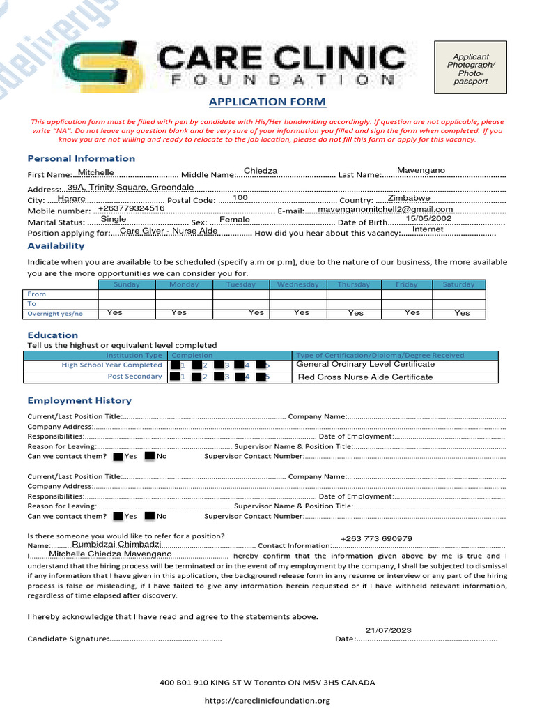 Care Clinic Application Form | PDF Care Clinic Application Form | PDF