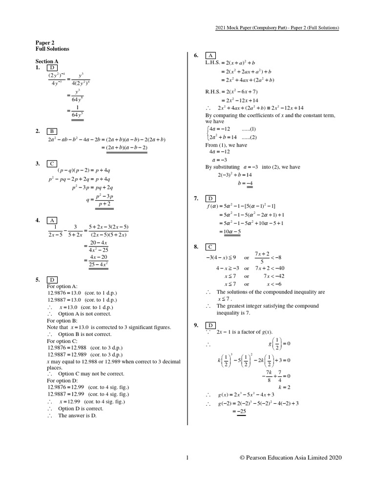 Mock 2021 Compulsory Part Paper 2 Solutions | Download Free PDF ...