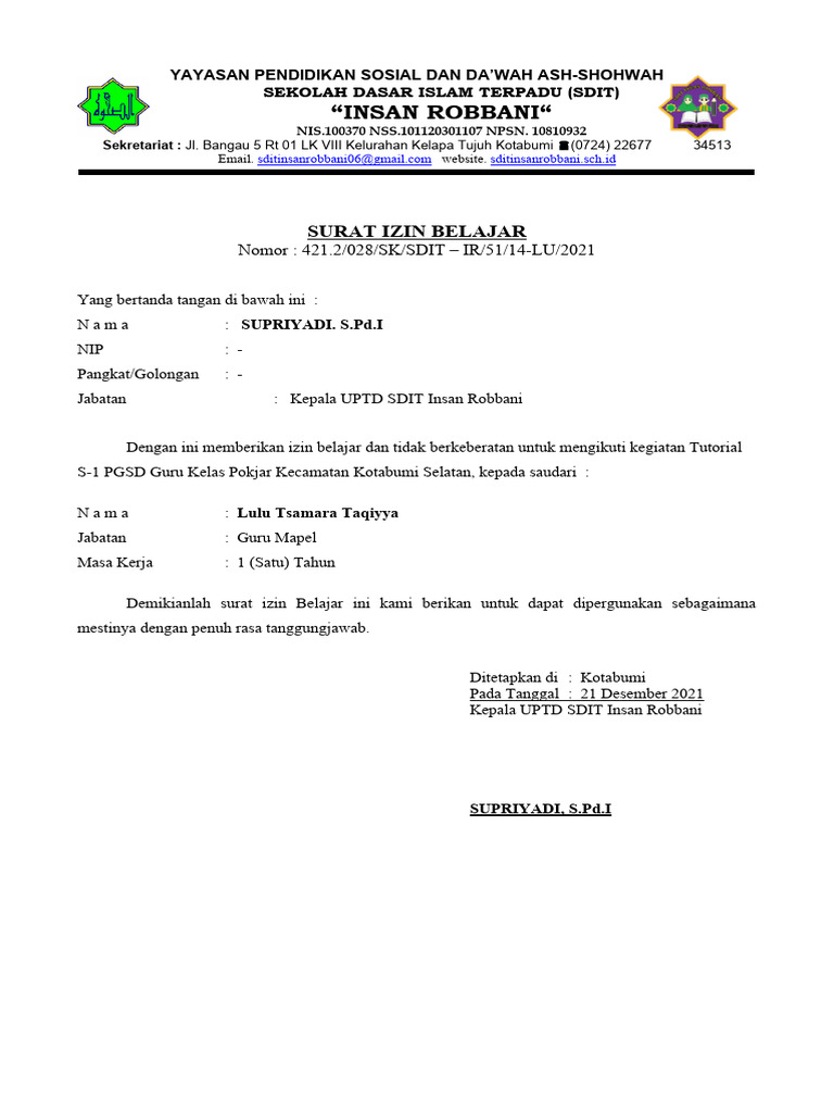 Surat Izin Belajar SDIT Insan Robbani | PDF