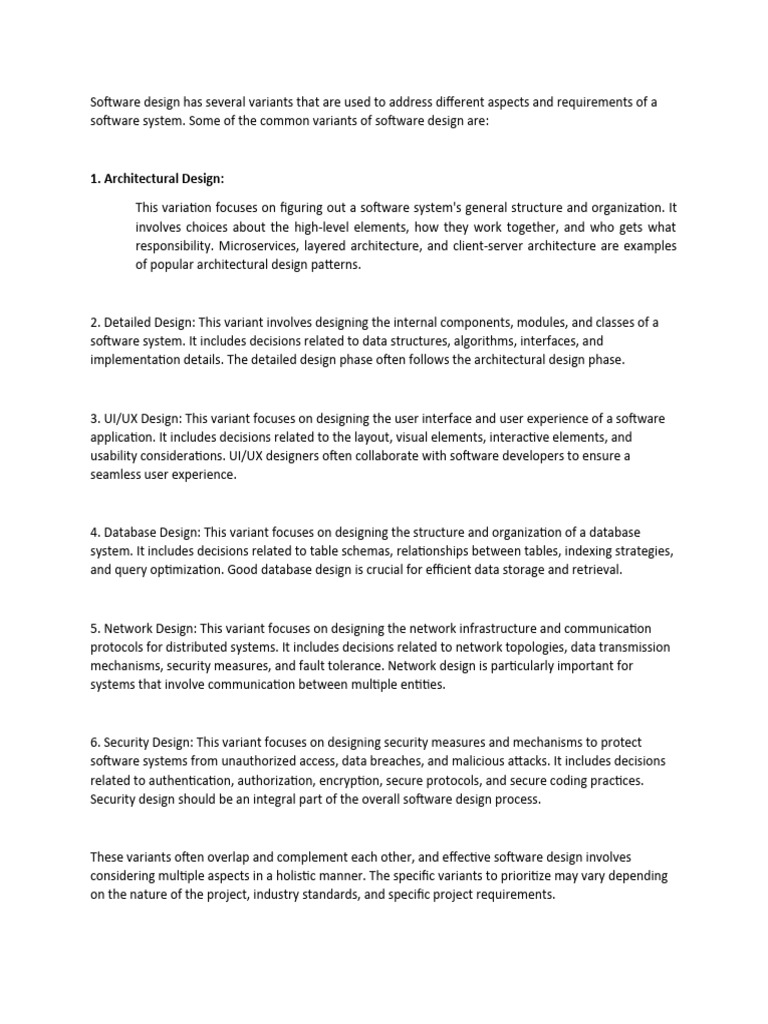 Software Design Has Several Variants That Are Used To Address Different Aspects and Requirements ...