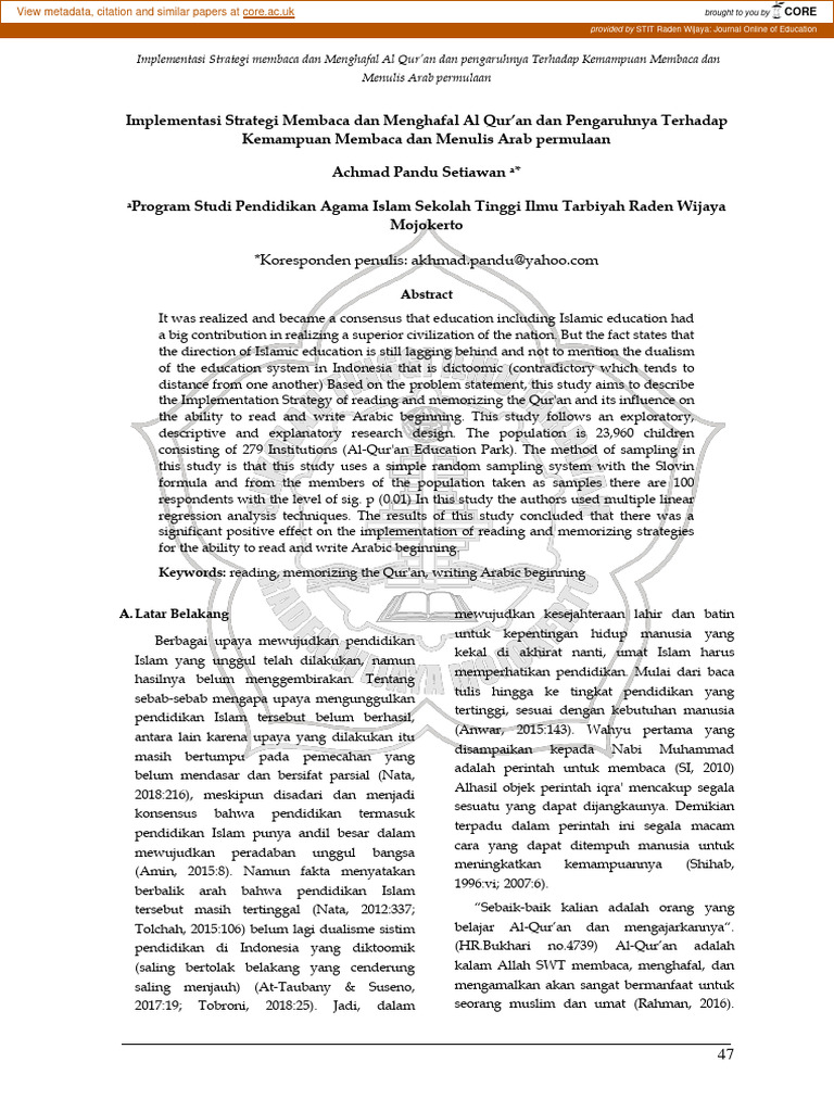 Implementasi Strategi Membaca Dan Menghafal Al Qur'an Dan Pengaruhnya Terhadap Kemampuan Membaca ...
