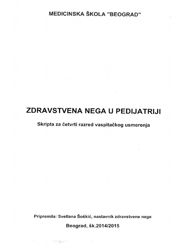 Zdravstvena Nega U Pedijatriji-Skripta Vaspitaci - 4 God. | PDF