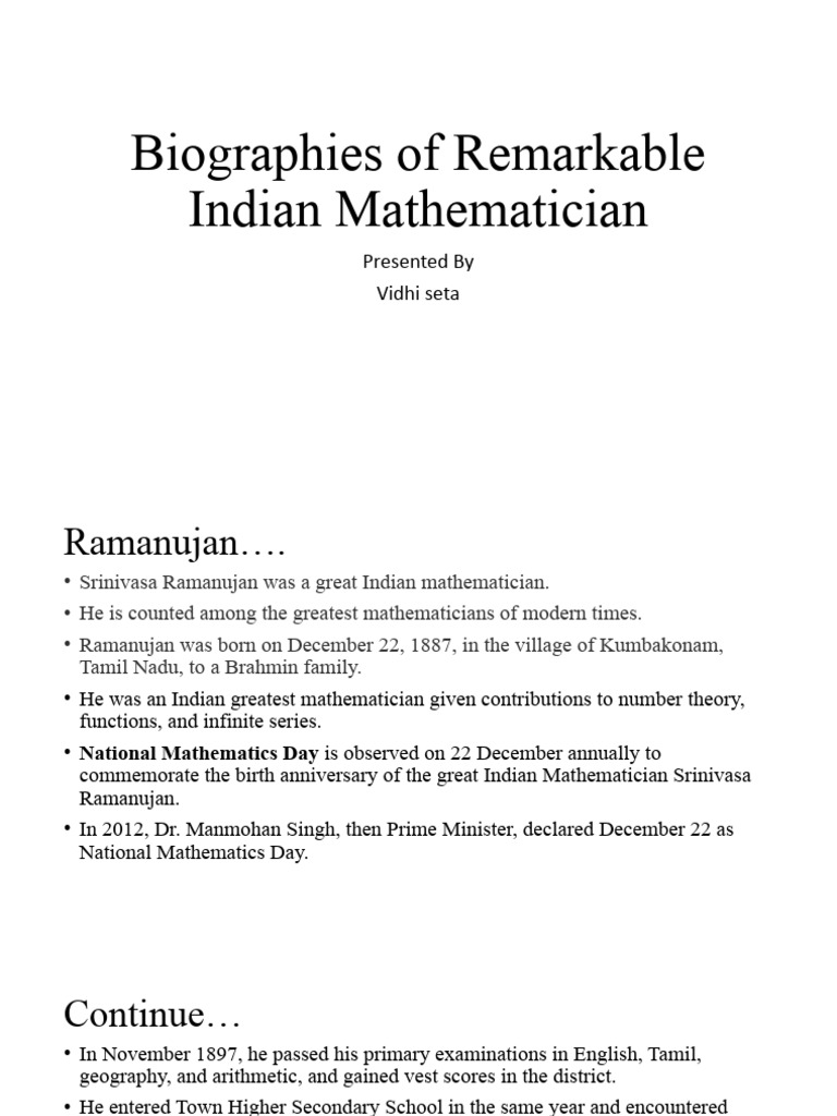 Biographies of Remarkable Indian Mathematician: Presented by Vidhi Seta ...