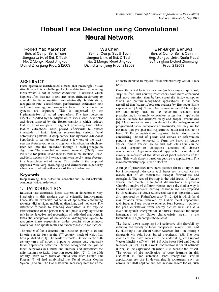 Robust Face Detection Using Convolutional Neural Network: Robert Yao Aaronson Wu Chen Ben-Bright ...