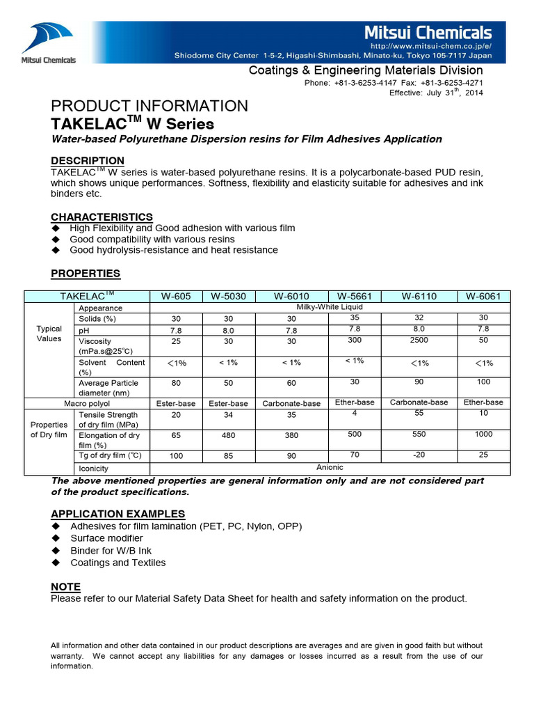 Tds of Takelac W Series 1 3 | PDF | Materials Science | Materials