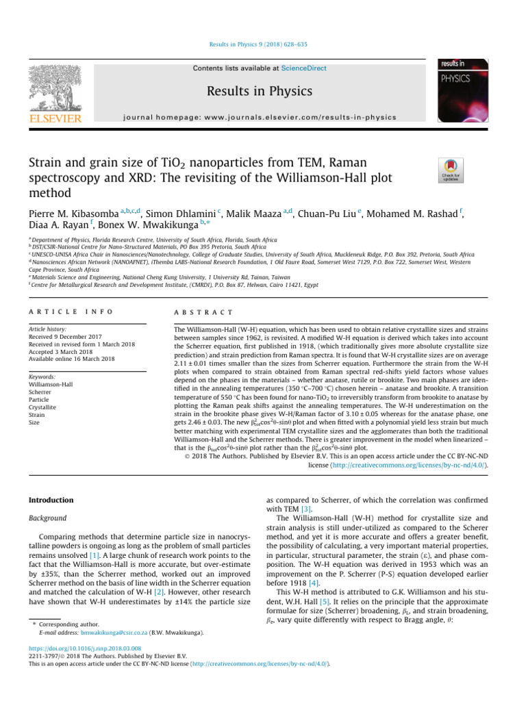 Strain and Grain Size of TiO2 Nanoparticles From TEM, Raman | PDF | X ...