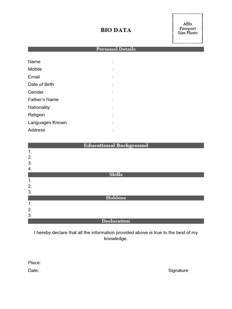 Bio Data Format For Freshers | PDF