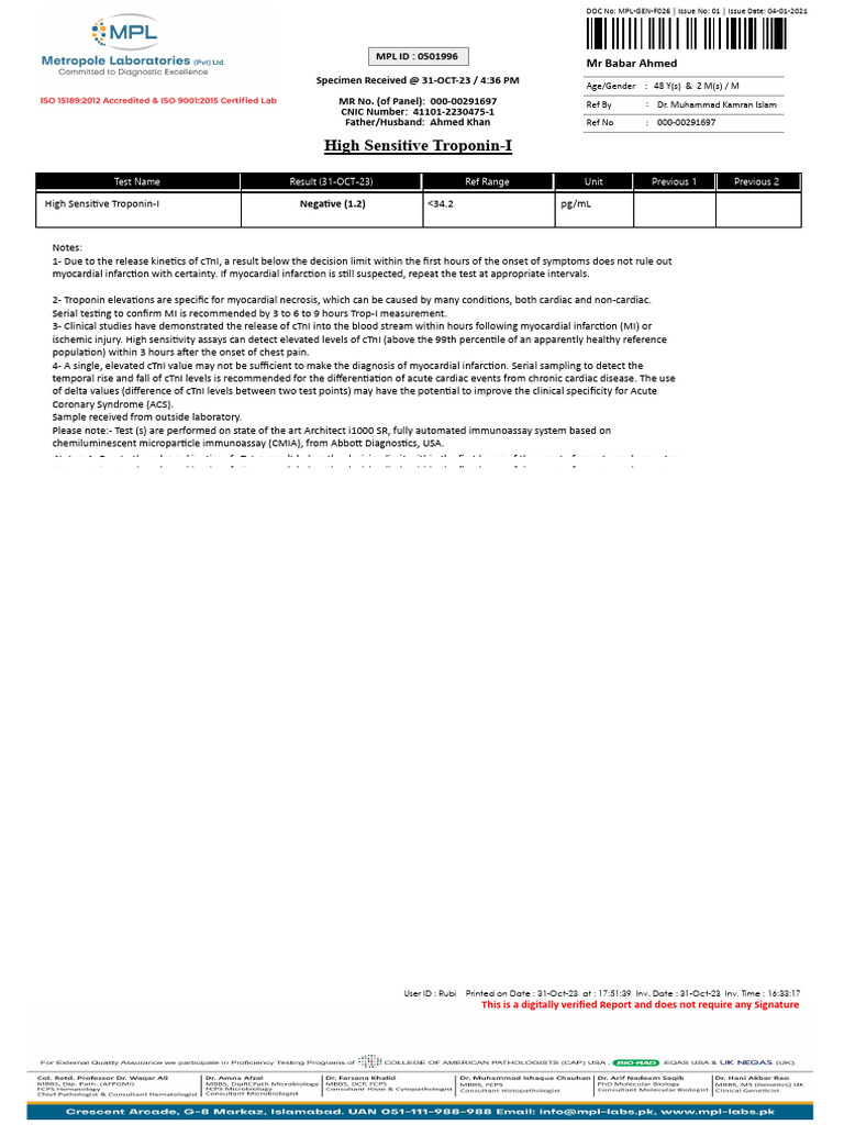 High Sensitive Troponin-I: Test Name Result (31-OCT-23) Ref Range Unit ...