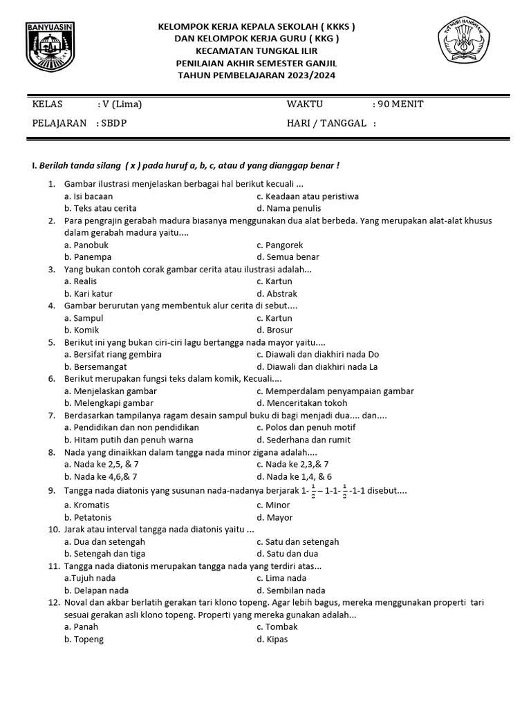 Soal Kelas V SBDP Ganjil 2023-2024 | PDF