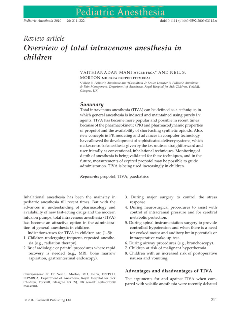 Overview of TIVA in Pediatric Anesthesia | PDF | Pharmacokinetics ...