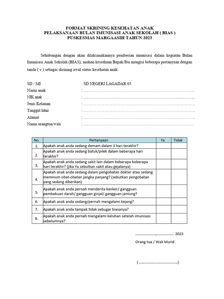 Format Skrining Kesehatan Anak Bias 2023 | PDF | Olahraga & Rekreasi ... Format Skrining Kesehatan Anak Bias 2023 | PDF | Olahraga & Rekreasi ...