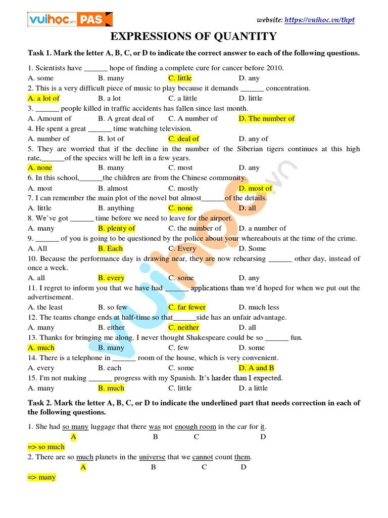 (LUYỆN TẬP - VN) EXPRESSIONS OF QUANTITY - KEY | PDF | Gift