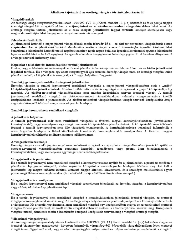 Altalanos Erettsegi Tajekoztato | PDF