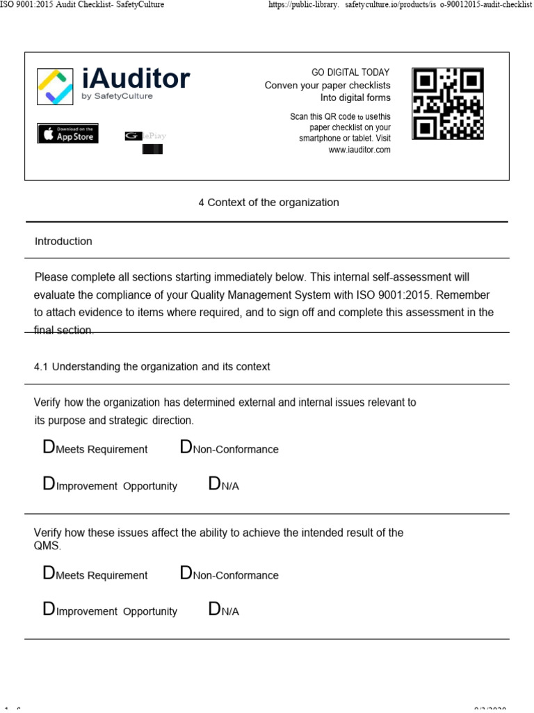Iso 9001 2015 Audit Checklist Safetyculture Pdf Quality