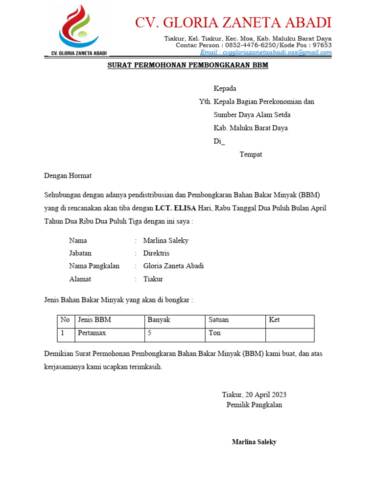 Permohonan Pembongkaran BBM CV. Gloria | PDF
