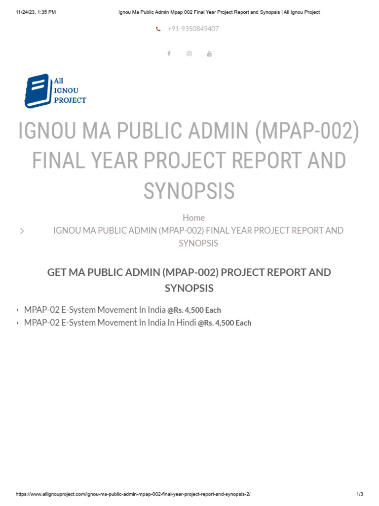 Ignou Ma Public Admin Mpap 002 Final Year Project Report and Synopsis ...