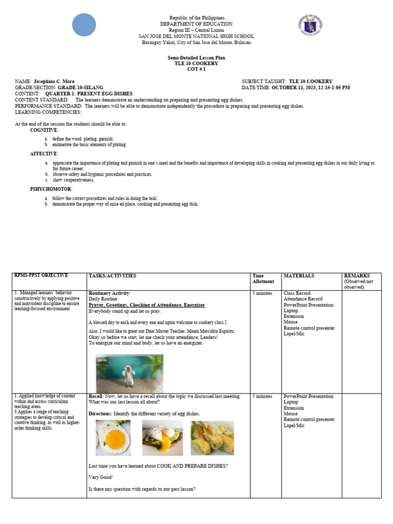 Egg Dish Plating Techniques Lesson Plan | PDF | Learning | Educational ...