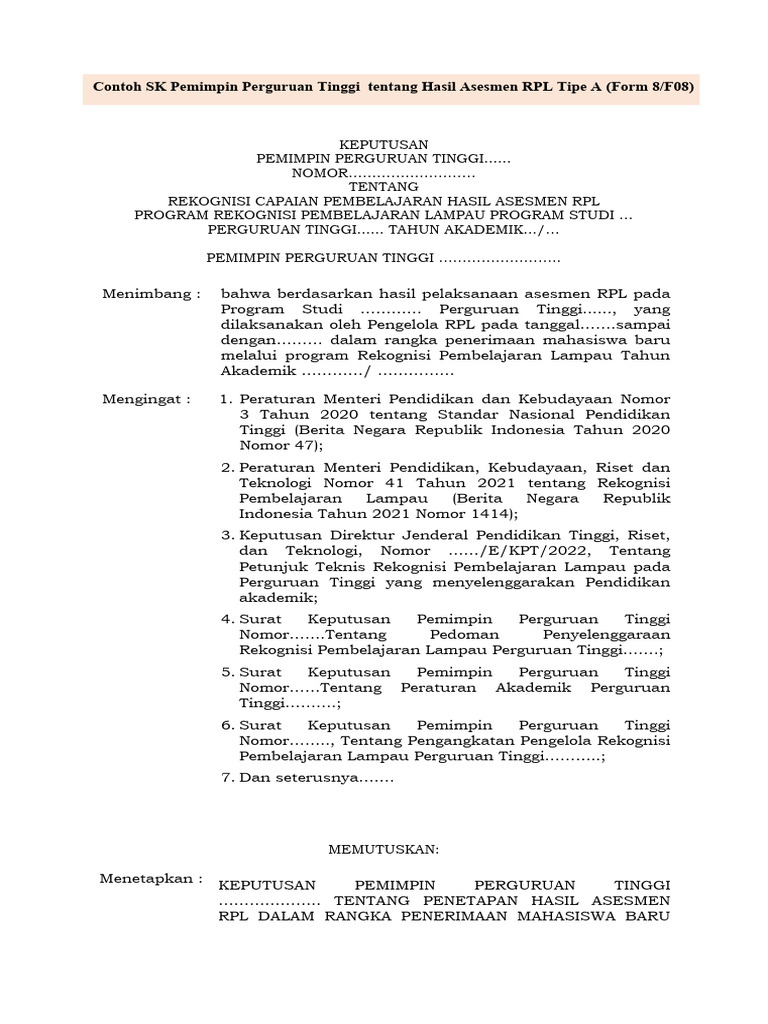Contoh SK Pemimpin Perguruan Tinggi Tentang Hasil Asesmen RPL Tipe A ...