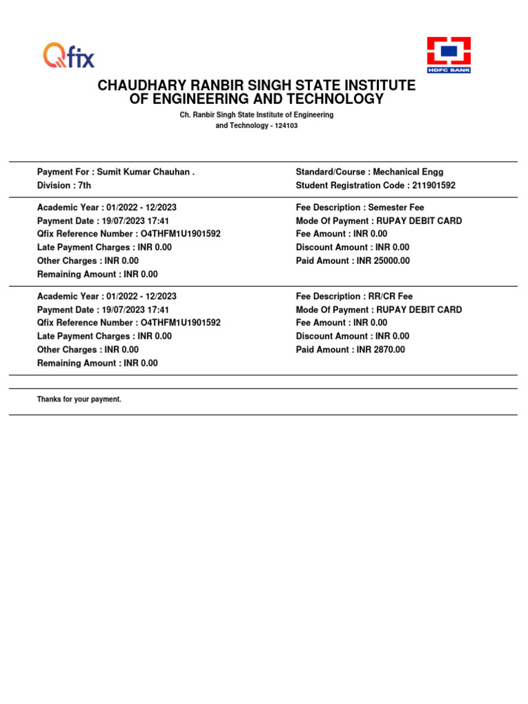 Qfix Payment Receipt for Sumit Chauhan | PDF