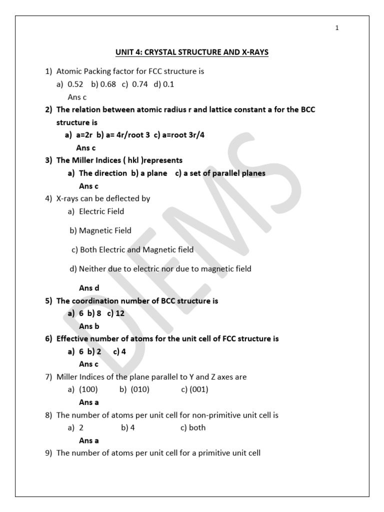 Unit 4 - MCQ | PDF | Crystal Structure | Electromagnetic Spectrum
