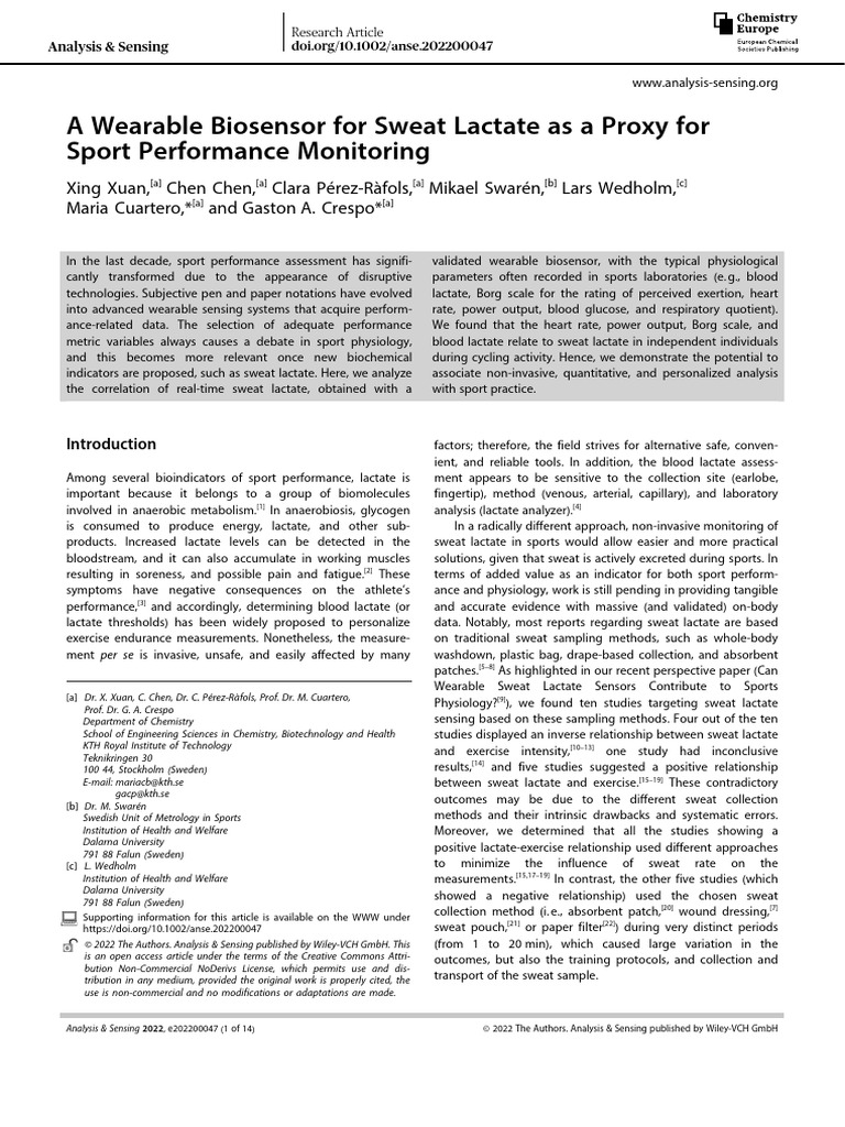Analysis Sensing - 2022 - Xuan - A Wearable Biosensor For Sweat Lactate As A Proxy For Sport ...