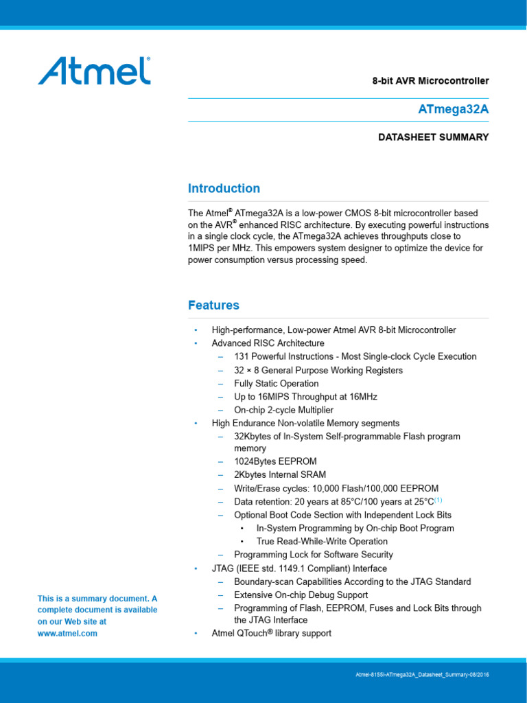 ATmega32A Summary | PDF | Microcontroller | Computer Architecture