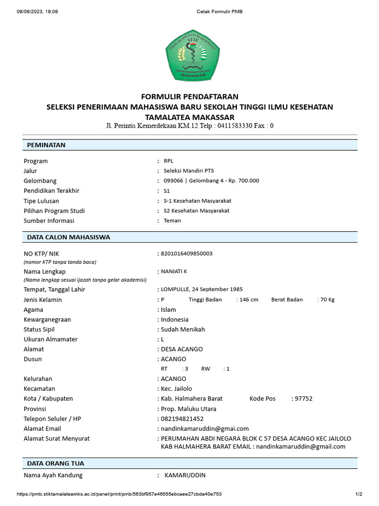Cetak Formulir PMB | PDF