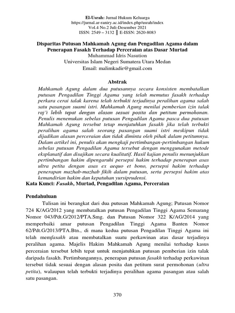 Disparitas Putusan Mahkamah Agung Dan Pengadilan Agama Dalam Penerapan Fasakh Terhadap ...