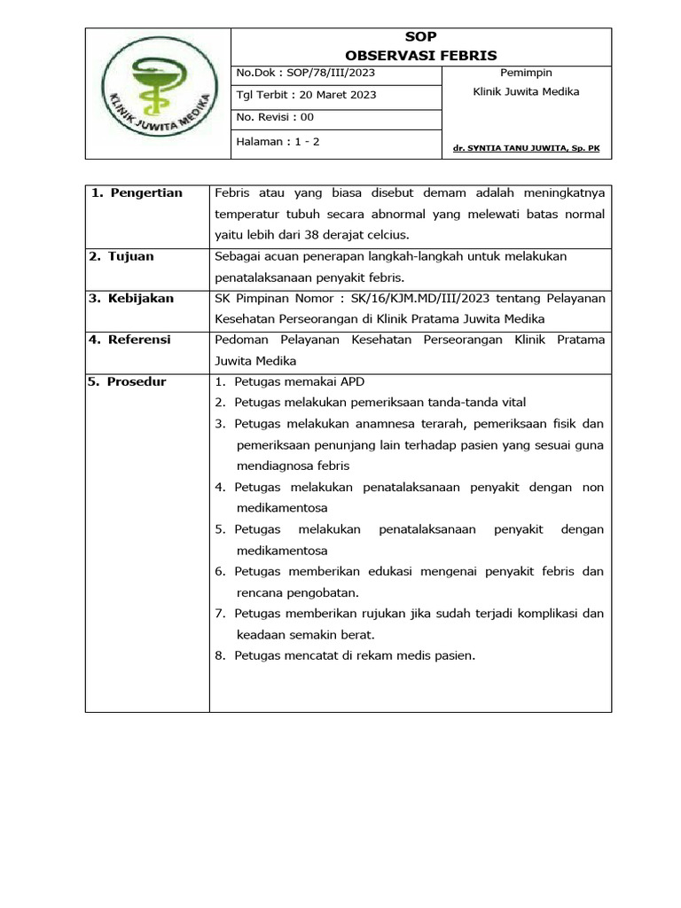 SOP Observasi Febris | PDF