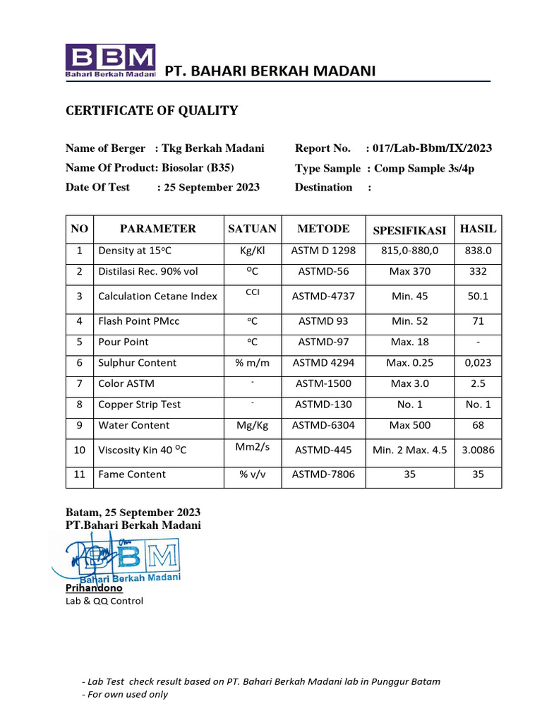 017 - Test Report of Quality TGL 25 Sept 2023 - BIOSOLAR B35 | PDF