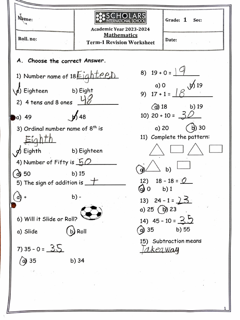 Grade 1 Math Half Yearly Revision Worksheet Key | PDF | Mathematics ...