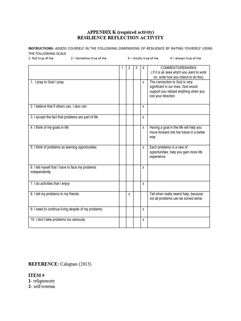 Resilience Reflection Activity | PDF | Psychological Resilience | Optimism