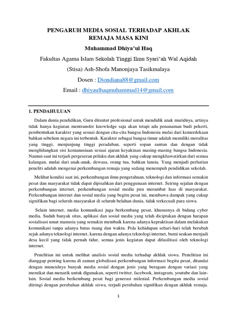 Jurnal Dhiya Pengaruh Media Sosial Terhadap Akhlak Remaja Masa Kini | PDF | Karier ...